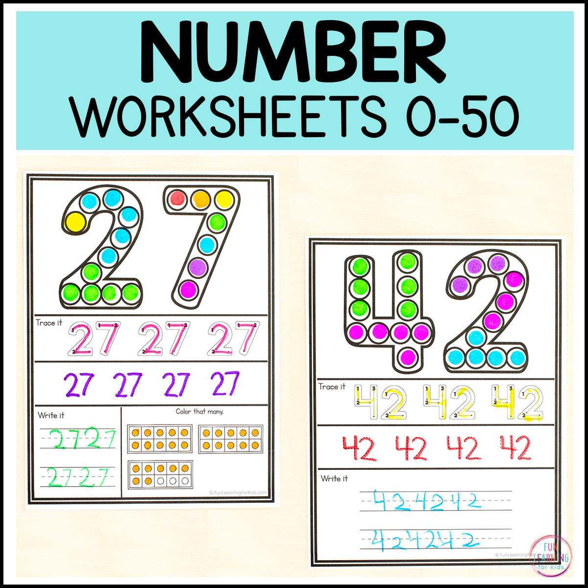 Dot the Number Worksheets 0-50 – Fun Learning for Kids® Shop