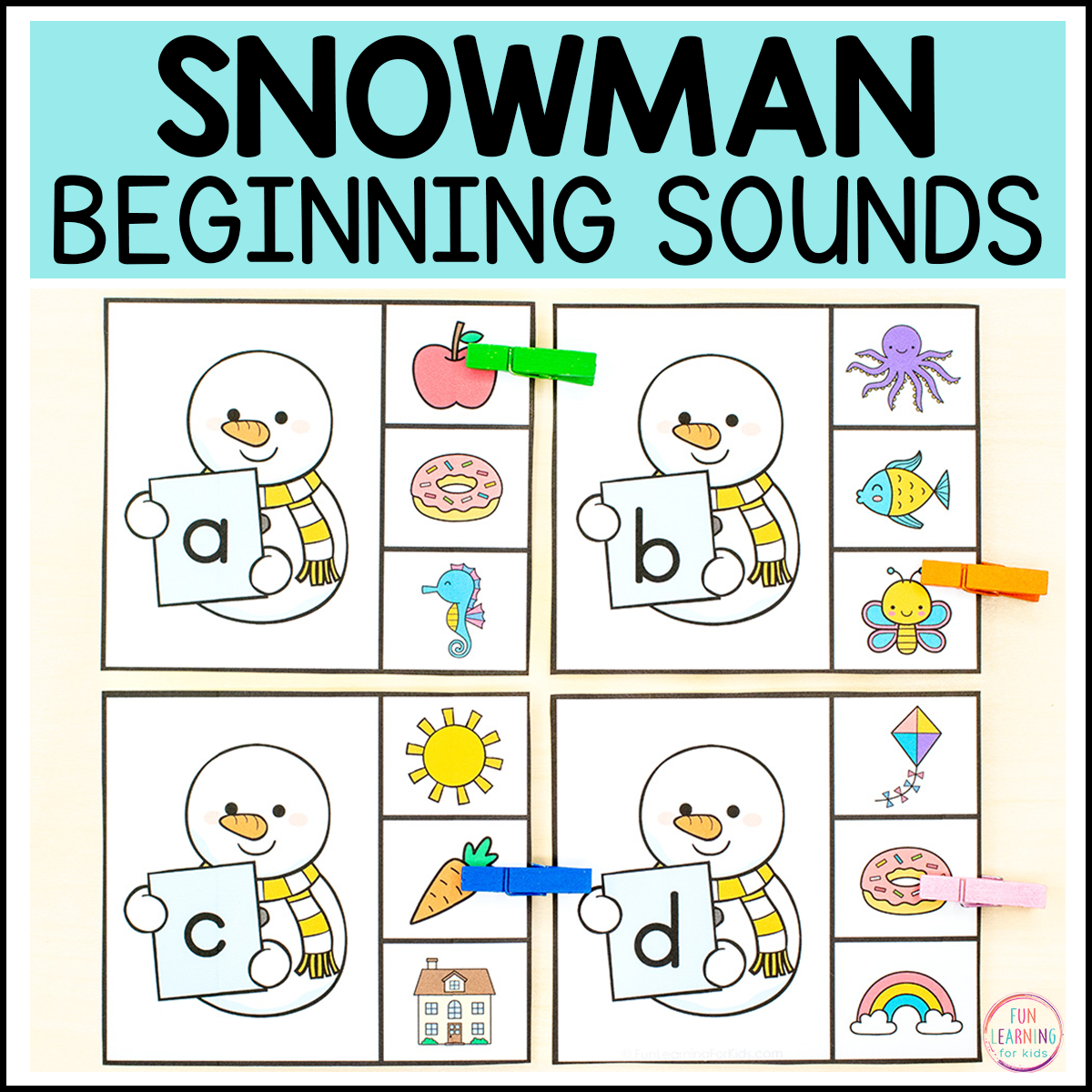 Snowman Beginning Sounds Clip Cards – Fun Learning for Kids® Shop