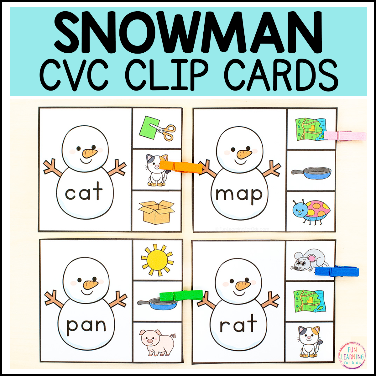 Snowman CVC Clip Cards – Fun Learning for Kids® Shop