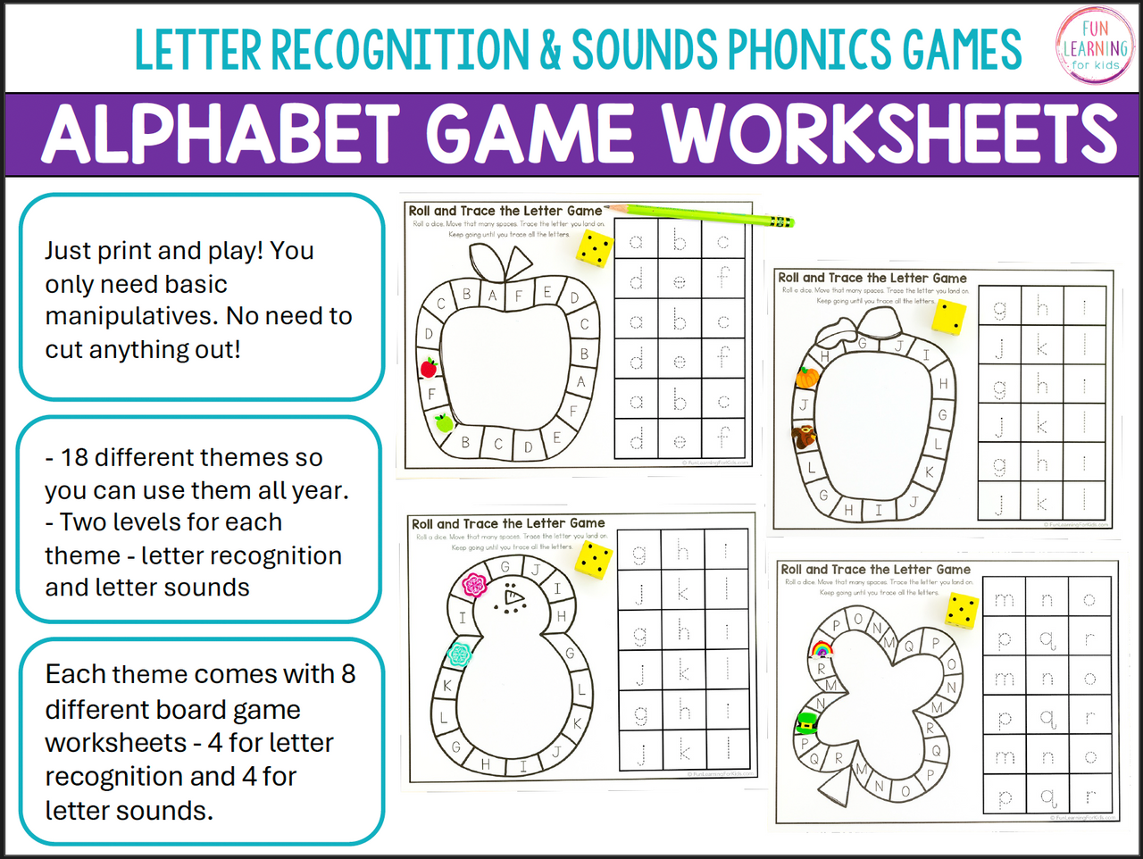 Alphabet Game Worksheets - No Prep Letter Recognition and Sounds Phoni ...