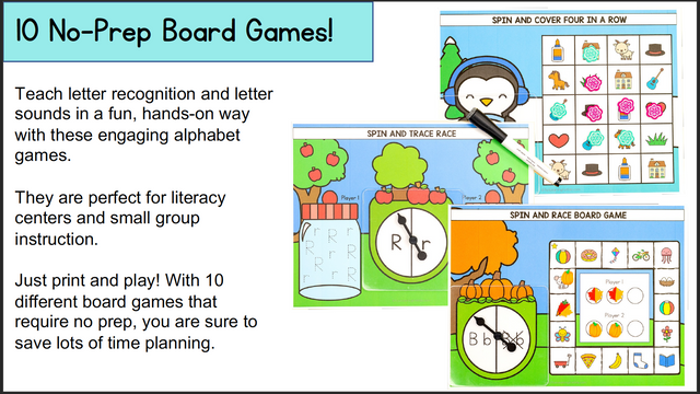 Alphabet Board Games - No Prep Letter Recognition and Sounds Phonics G ...