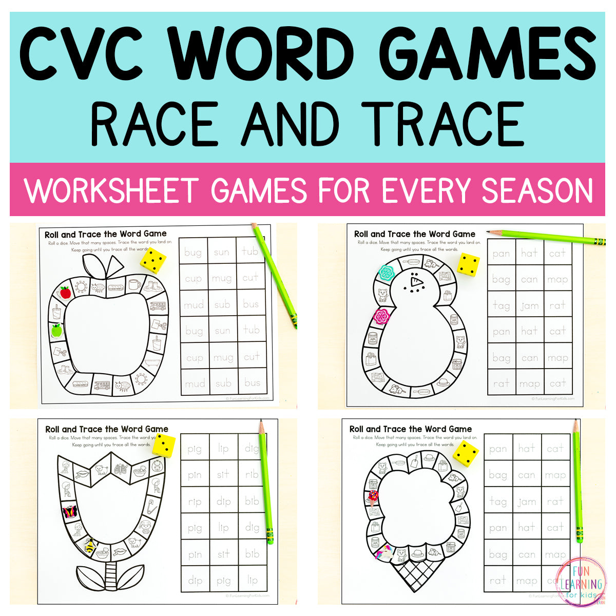 CVC Board Game Worksheets - No Prep CVC Word Race and Trace Phonics Ga ...