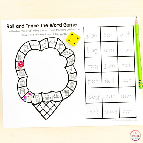 CVC Board Game Worksheets - No Prep CVC Word Race and Trace Phonics Ga ...