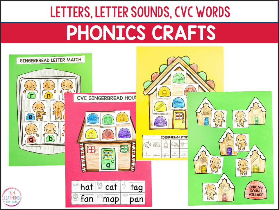Gingerbread Phonics Crafts - Letter Recognition, Letter Sounds, CVC Wo ...