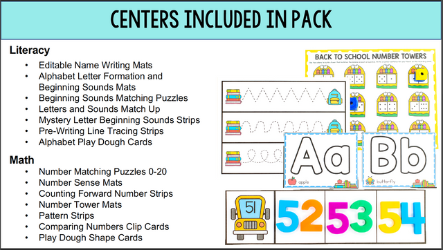 Back to School Theme Math and Literacy Centers for Pre-K and Kindergar ...