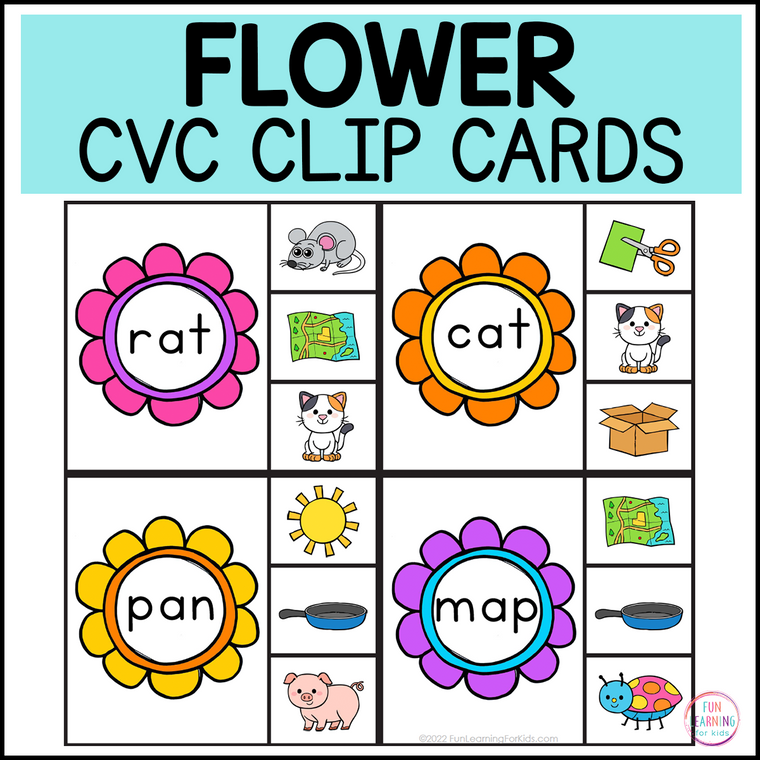 Flower CVC Clip Cards Reading Activity for Kindergarten & First Grade ...
