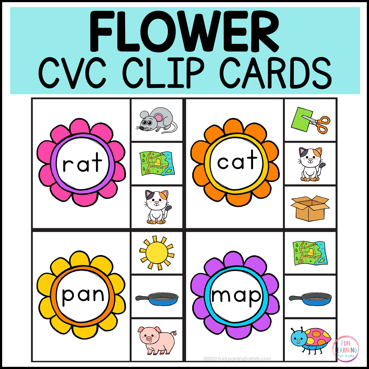 Flower CVC Clip Cards Reading Activity for Kindergarten & First Grade ...