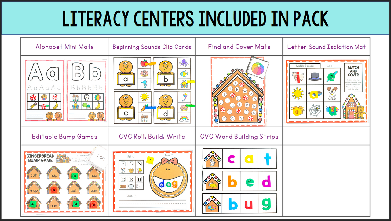 Gingerbread Math and Literacy Centers for Preschool, Pre-K & Kindergar ...