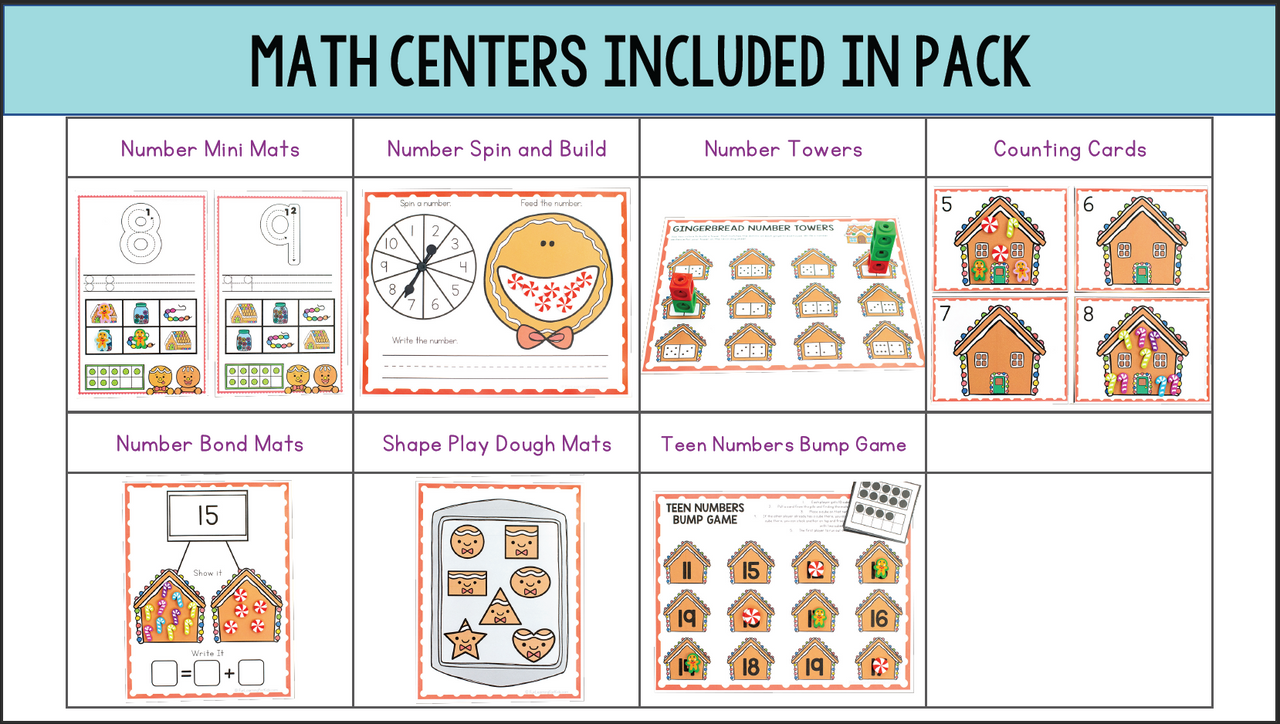 Gingerbread Math and Literacy Centers for Preschool, Pre-K & Kindergar ...