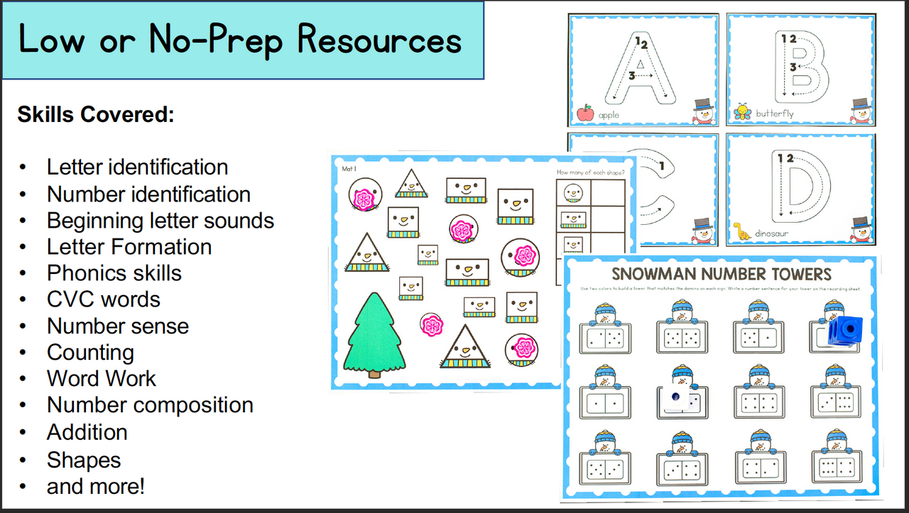 Snowman Theme Math & Literacy Centers for Preschool, Pre-K & Kindergar ...