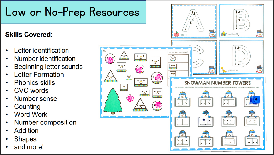 Snowman Theme Math & Literacy Centers for Preschool, Pre-K & Kindergar ...