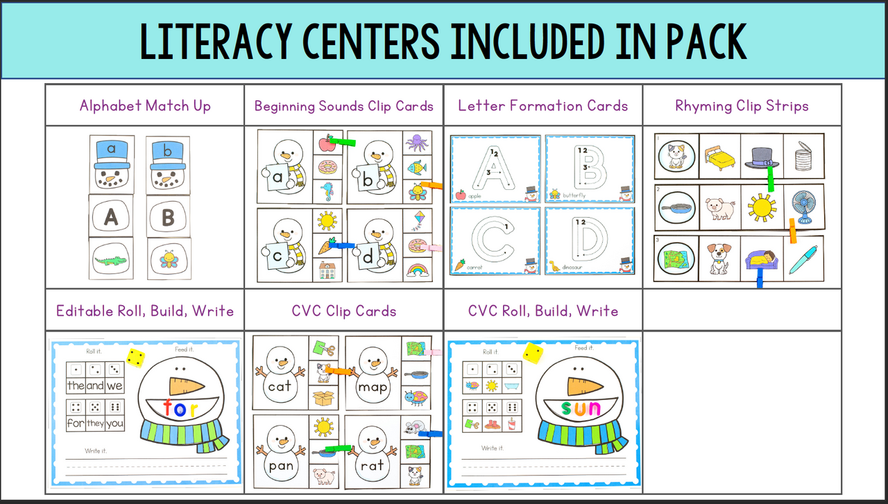 Snowman Theme Math & Literacy Centers for Preschool, Pre-K & Kindergar ...