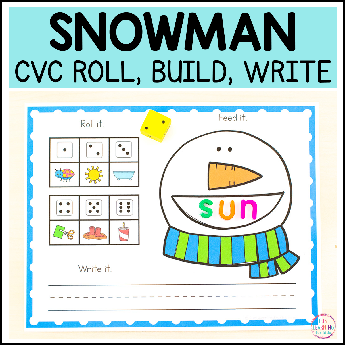 Snowman CVC Roll, Build and Write Mats – Fun Learning for Kids® Shop
